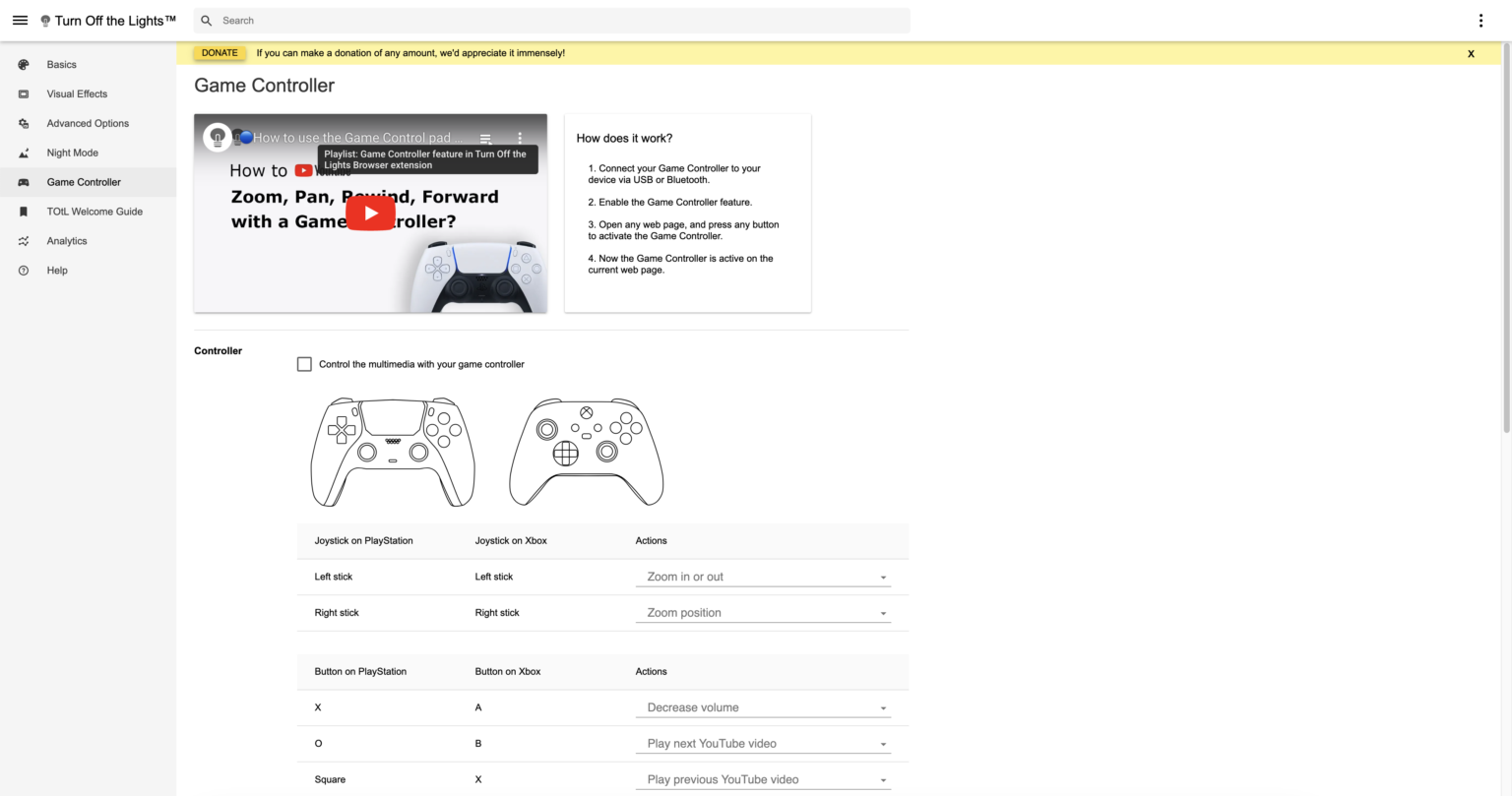 🎮 New Game Controller feature to control your YouTube videos with Turn Off the Lights Browser ...